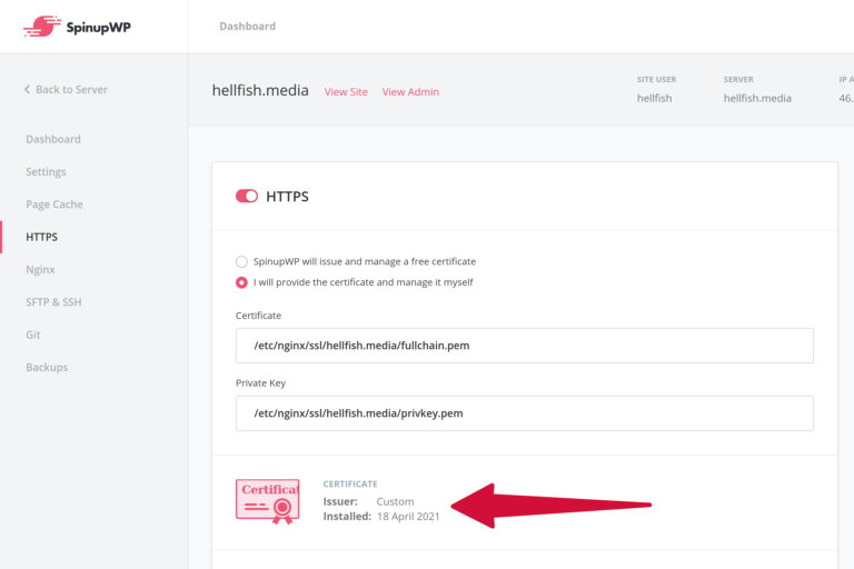 Custom HTTPS Certificate - SpinupWP