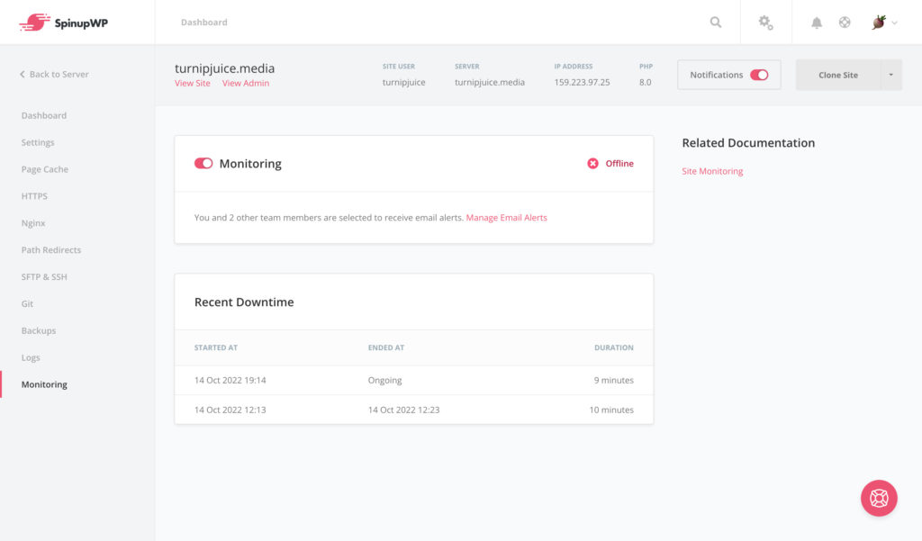 Site Monitoring - SpinupWP