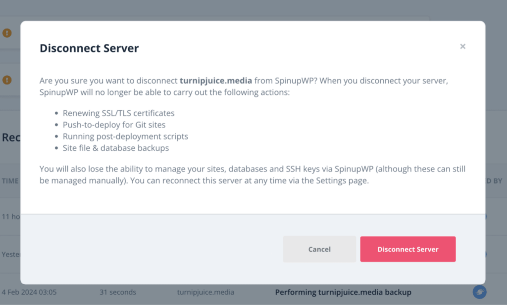 Disconnected Servers - SpinupWP